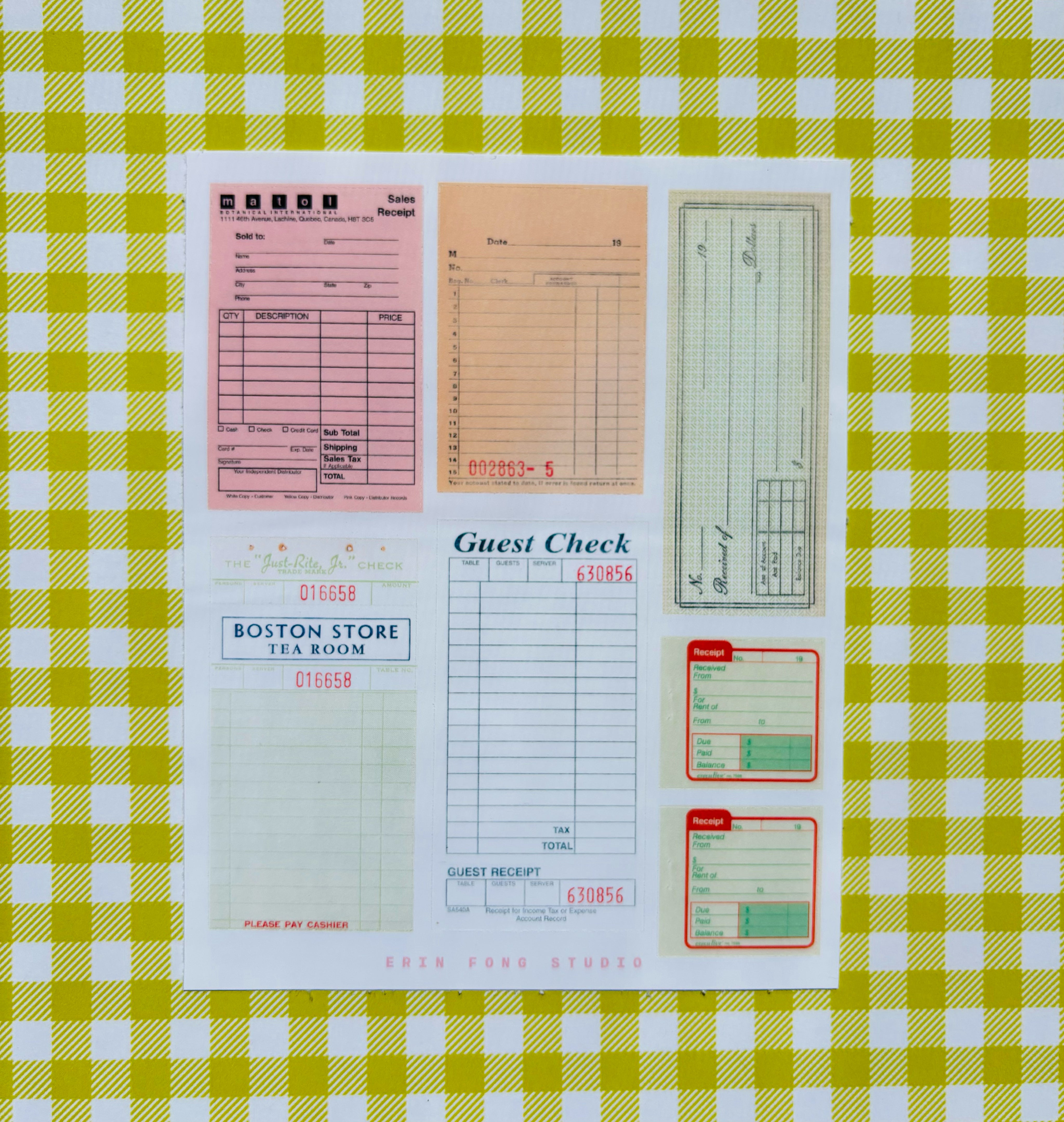 Matte Vintage Receipt Sticker Sheets | Pack of 4 – Erin Fong Studio
